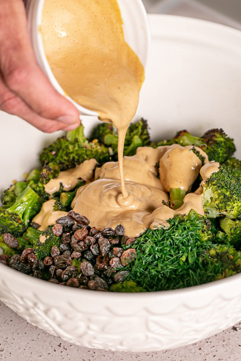 Garlic Roasted Broccoli with Dill Harissa Tahini and Raisins - Healthy ...